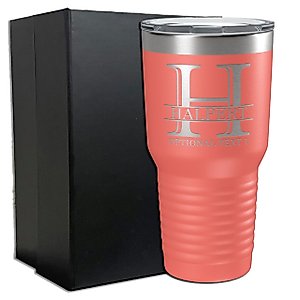 Personalized 30oz (17 Colors) Powder Coated Insulated Stainless Steel Tumbler with Lid, Custom Etched, Customized Engraved Gift Idea for Women Men Her Him, Halpert Monogram Initial Name (Coral)