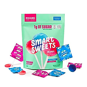 SmartSweets Lollipops, Blue Raspberry & Watermelon Flavors, Hard Candy with Low Sugar (1g), Low Calorie (40), No Artificial Sweeteners, Plant-Based, Gluten-Free, 3oz (Packaging May Vary)