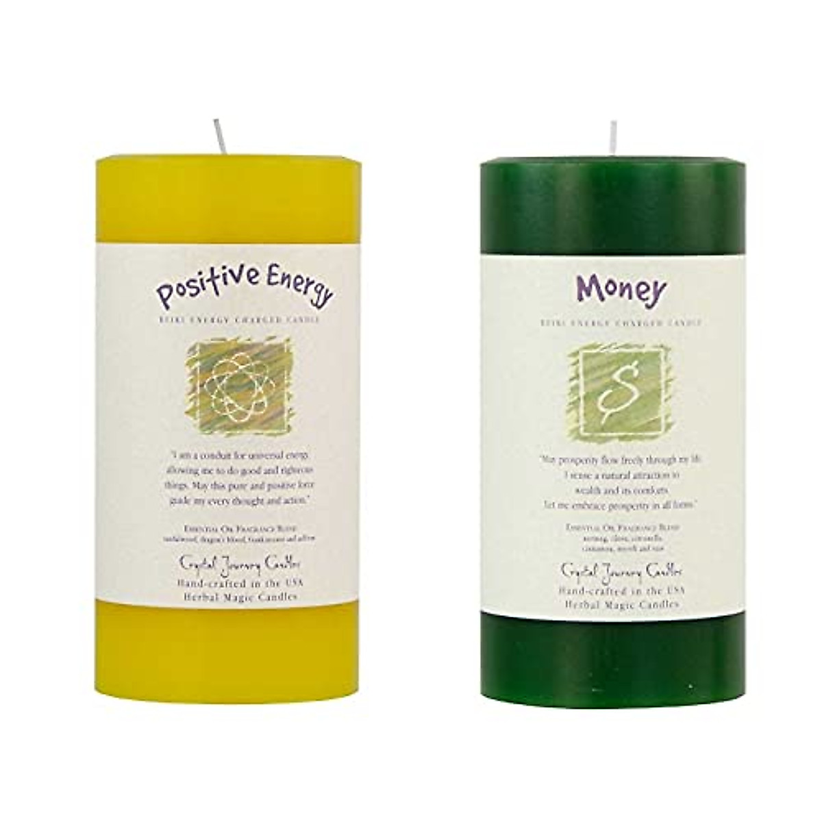 6" x 3" Crystal Journey Reiki Charged Herbal Pillar Candle Bundle (Positive Energy, Money) - Handcrafted with Lead-Free Materials