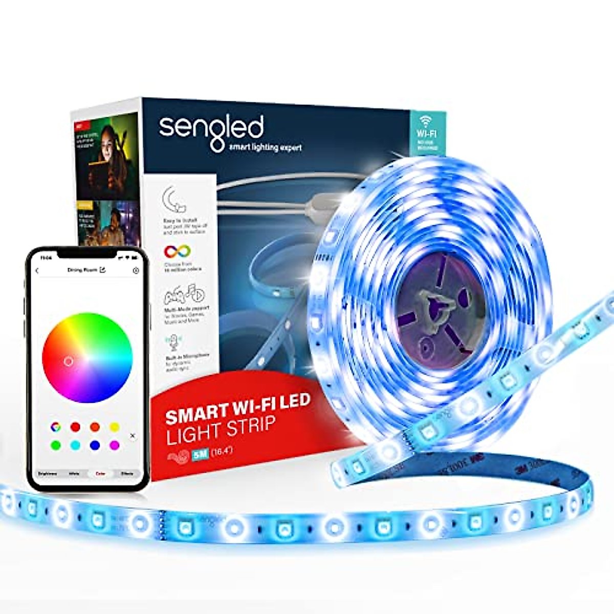 Sengled Smart LED Strip Lights, 16.4ft Wi-Fi LED Lights Work with Alexa and Google Home, 16 Million Colors, RGB, Music Sync, Adjustable Length, 25,000 Hours Life, Multi-Mode Support for Game, Movie
