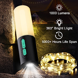 AUDLES Camping String Lights,33Ft Light with Lanterns (4 in 1 Design),Camping Lights 4000mAh Charger,7 Modes,IPX6 Waterproof,Rechargeable Flashlights for Outdoor,Hiking