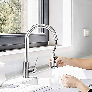 Kitchen Faucet with Pull Down Sprayer，Single Handle Kitchen Sink Faucet with Pull Out Sprayer，High Arc，Stainless Steel Kitchen Faucets with Deck Plate，Brushed Nickel KC-98001BS