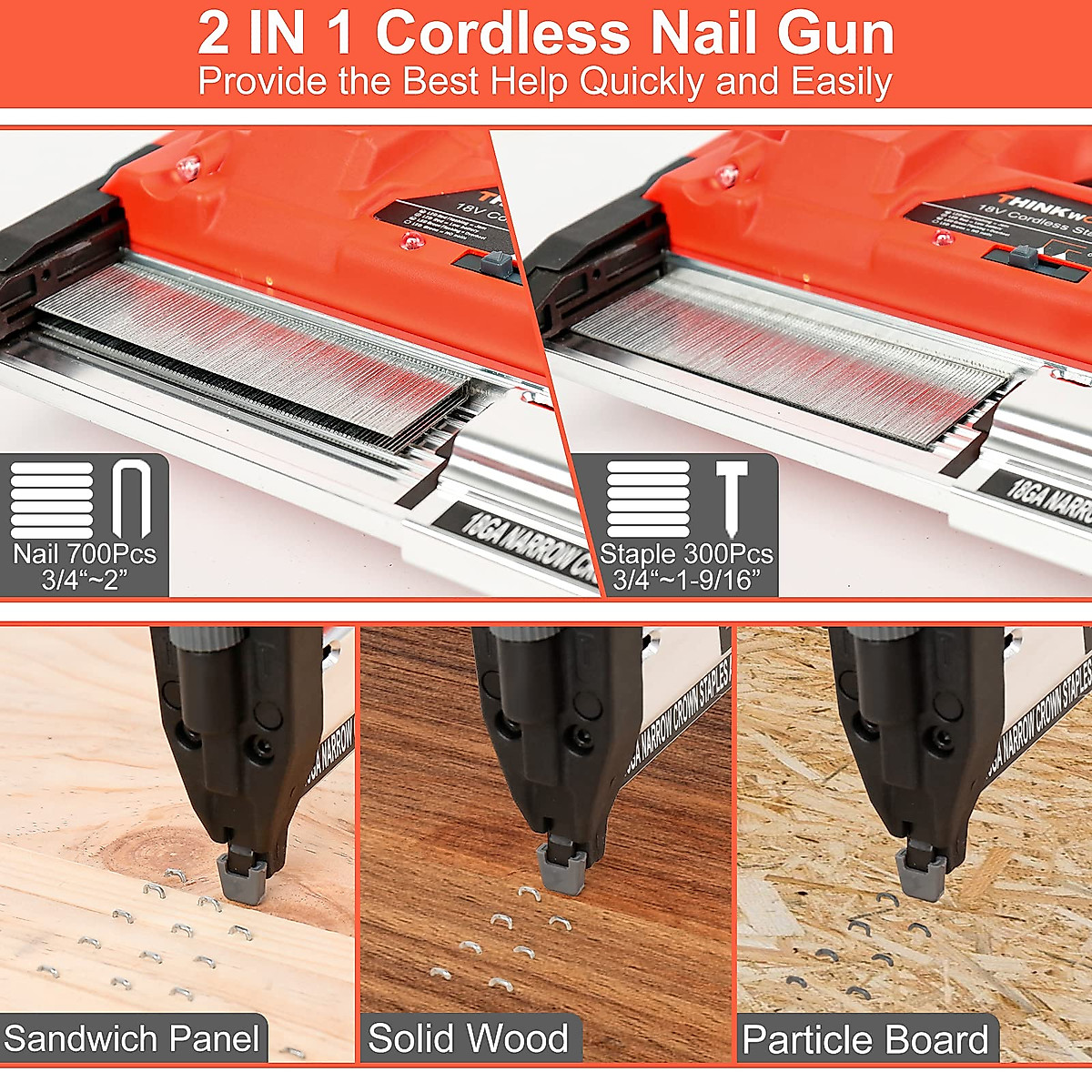 THINKWORK 20V 18 Gauge Cordless Brad Nailer, Durable Nail Gun Battery Powered - (2 in 1 Dual Mode) with Powerful Battery&Fast Charger, 1000 Nails, Single or Contact Firing for Woodworking, Renovation