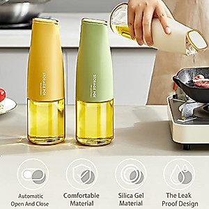 KIZZHISI 17oz Glass Olive Oil Dispenser, Oil and Vinegar Dispenser Set with Silica Gel Pourers, Weighted Pourer, Drip Free Spout Oil Dispenser Bottle for Kitchen（Green+Yellow）