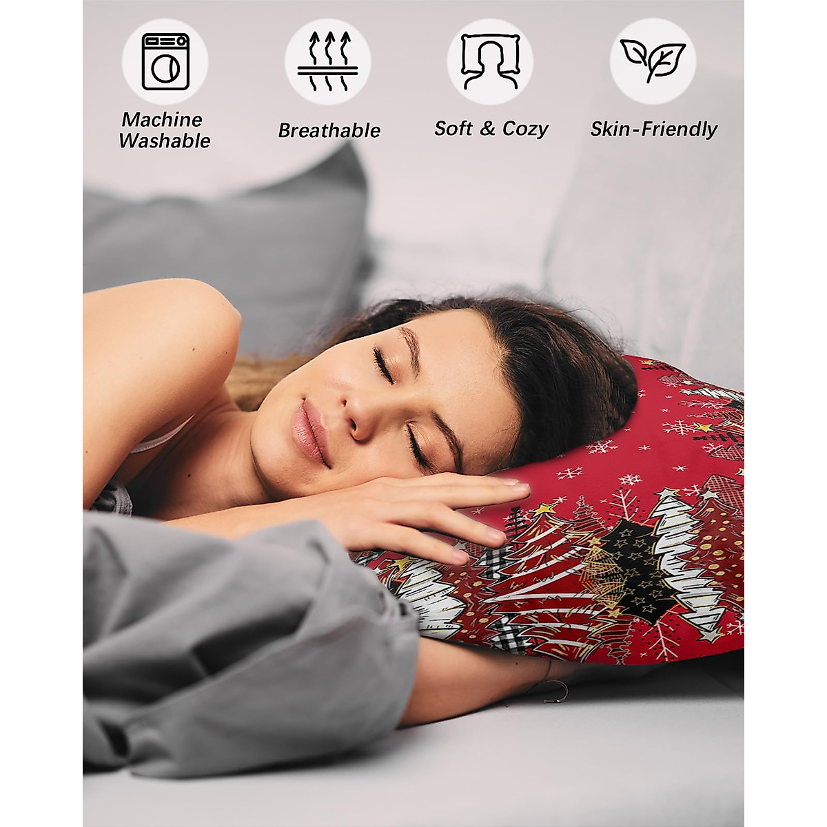 Red Christmas Tree Pillowcases Queen Size,2 Packs Soft Bed Throw Pillow Covers Decorative Sofa Couch Long Body Lumbar Bolster Cushion Case Envelope Closure,Snowflake Star Lattice Polka Dots 20" x30