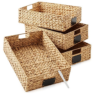Casafield Set of 4 Water Hyacinth Pantry Baskets, 12-1/2" x 17" x 5", with Chalkboard Labels and Chalk Marker - Natural, Woven Storage Bin Organizers for Kitchen Shelves