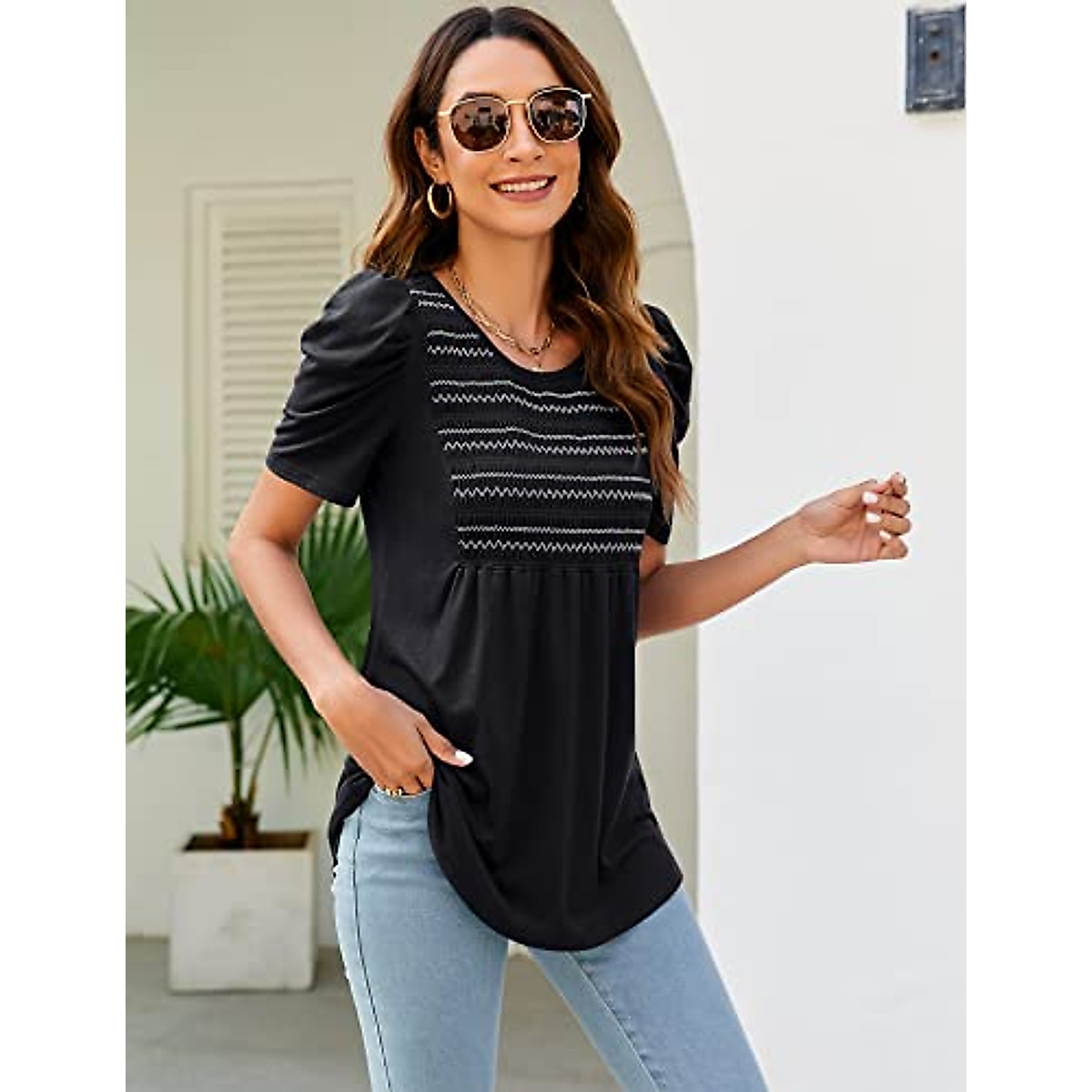 LOMON Oversized T Shirts for Women Short Sleeve Cute Smocked Tops Tees Summer Tunic Tops to wear with Leggings 2023