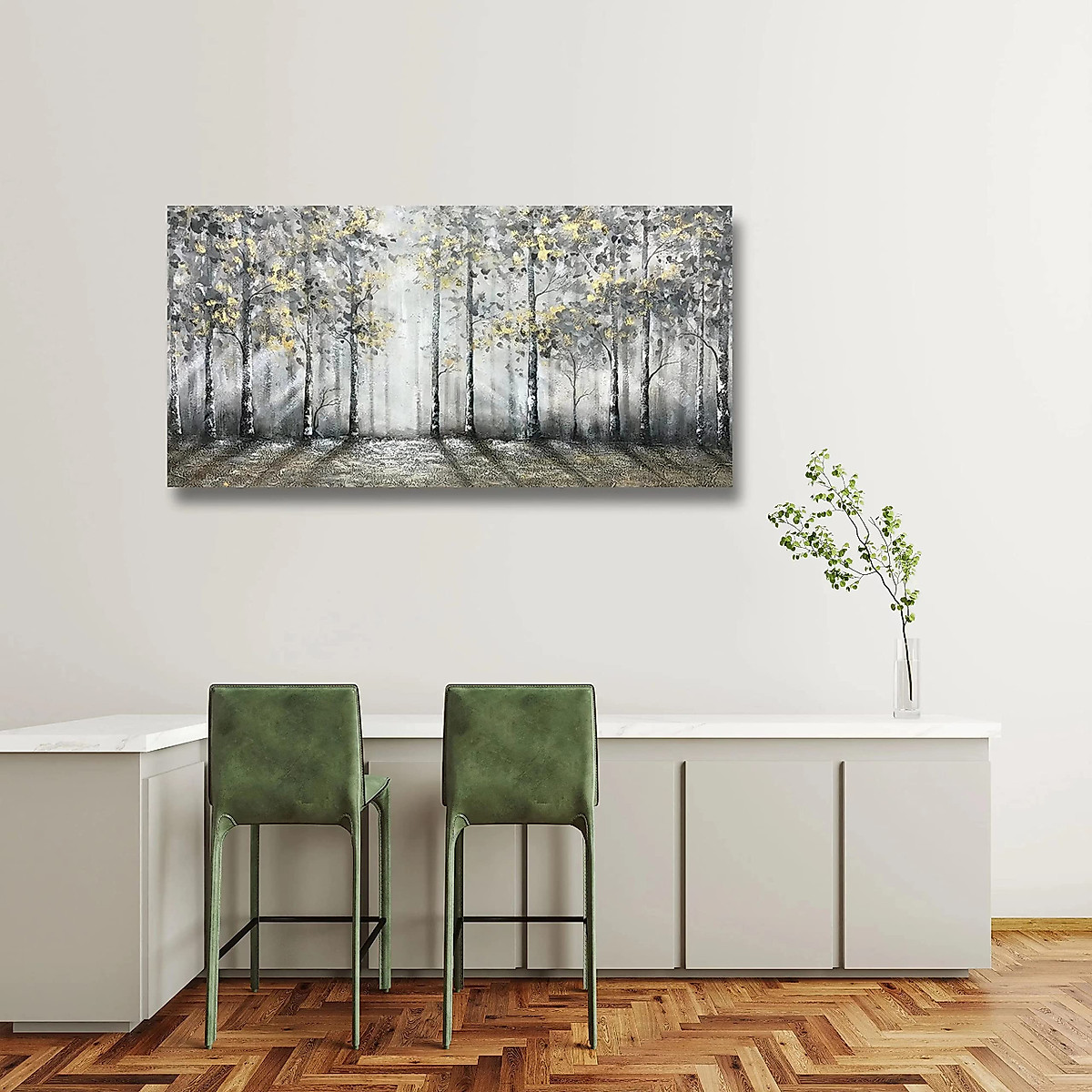 V-inspire art, 24x48 Inch Modern Impressionist Tree art 100% Hand Painted Canvas Wall art Oil Painting Large Paintings Gray Wall Decoration Acrylic Paint Knife Painting