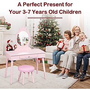 Casart Wooden Kids Vanity Set, Makeup Table and Stool Set with Mirror, Pull-Out Drawer and Cushioned Stool, Perfect Dressing Table Set for Children,Child Pretend Beauty Play Vanity Set, Pink