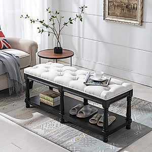 Janoray Farmhouse Storage Bench Wooden Entryway Linen Upholstered Ottoman Button Tufted Bench with Black Legs for Bedroom End of Bed Hallway Organizer, Beige, 45 Inch