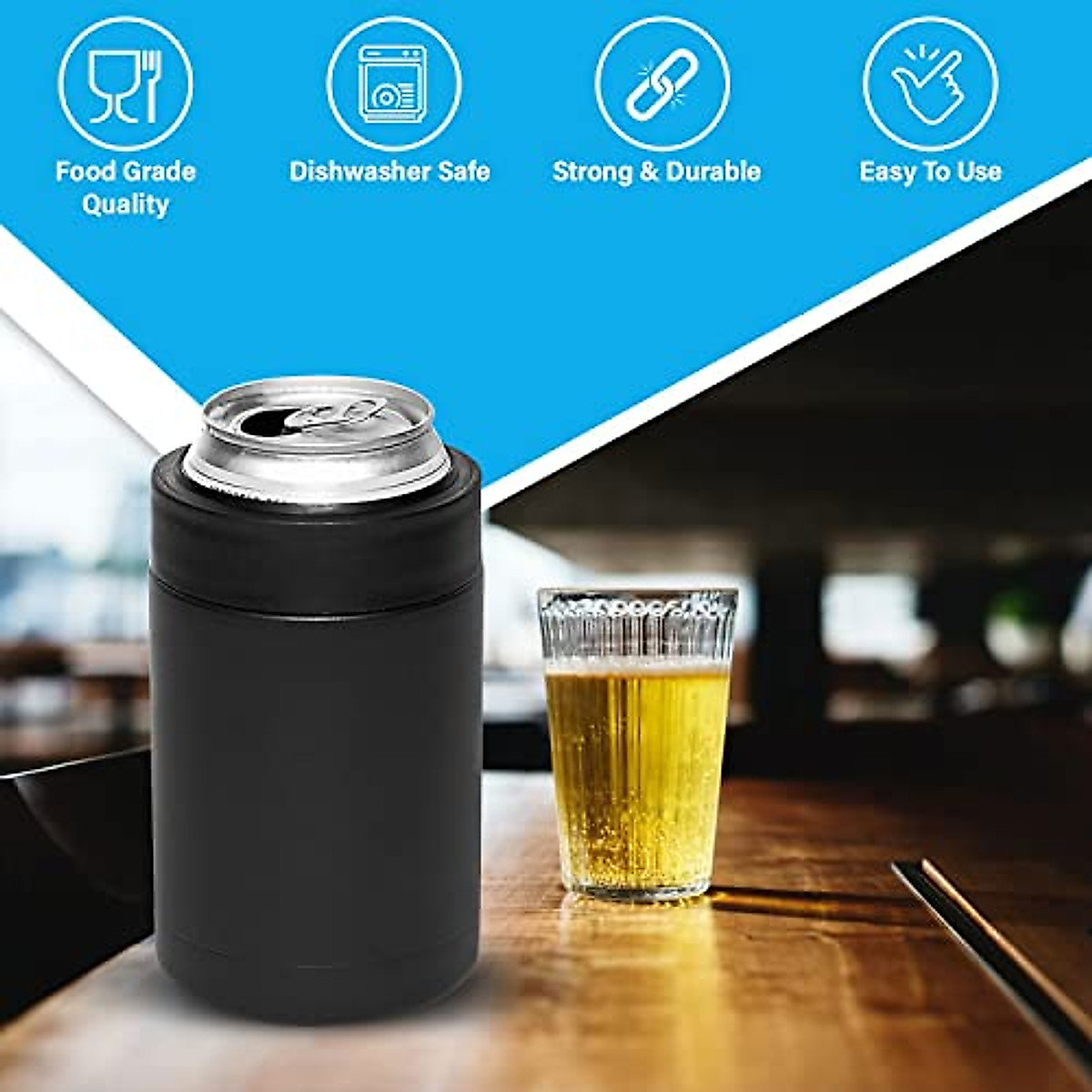 Malolu 4 In 1 Beer Can Cooler, Stainless Steel Double Wall Insulated Can Cooler for 12oz Cans & Beverage, Slim Freezable Vacuum Insulated Beer Bottle Cooler with Bottle & Can Opener