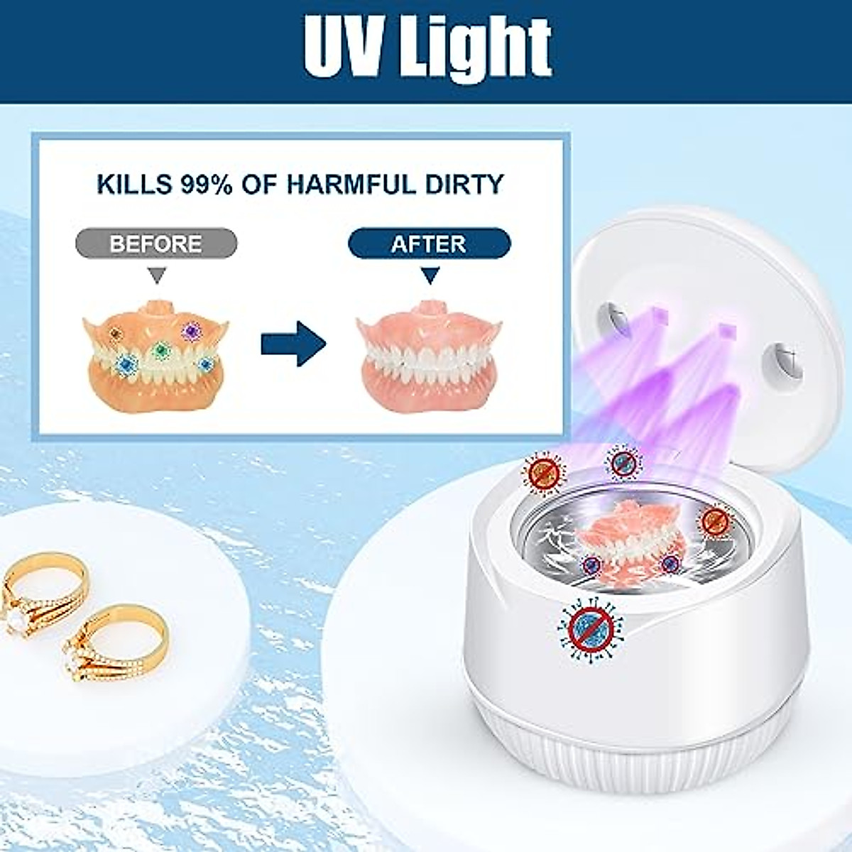 HUPZUND Ultrasonic Retainer Cleaner, 45kHz Ultrasonic UV Cleaner for Dentures, Retainer, Mouth Guard, Aligner, Whitening Trays, Toothbrush Head, 200ml Ultrasonic Cleaner Machine for Jewelry Diamond