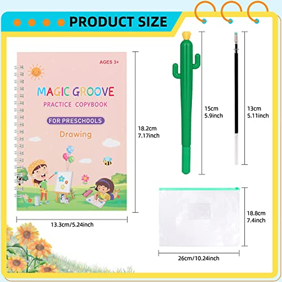 Magic Ink Practice Copybook for Children Ages 3-8, Reusable Writing Practice Book for Preschools Grooves Template Design,Handwriting Practice for Kids,Magic Practice Copybook Set(4 Books with Pens)