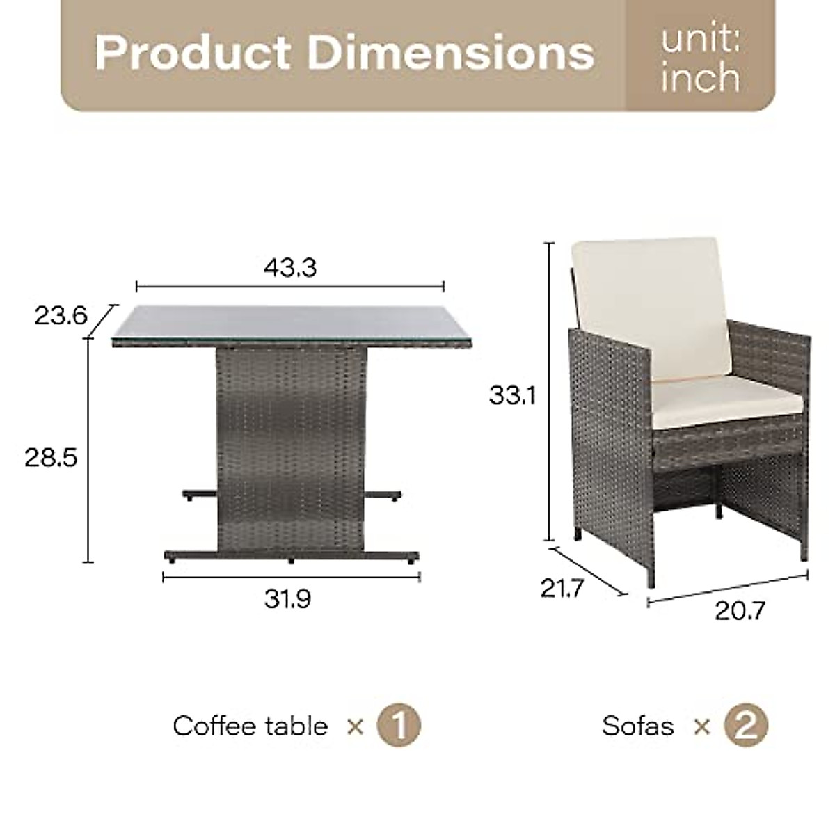 PayLessHere Outdoor Patio Furniture Set 3 Pieces Space-Saving Modern Wicker Bistro Set Rattan Dining Set, Conversation Rattan Chair Set of 2 with Dining Table for Lawn Balcony Poolside Backyard,Khaki