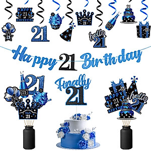 WATINC 42pcs 21st Blue Birthday Banner Party Decorations, Hello 21 Glitter Hanging Garlands Swirls Signs for 21 Years Old Party Favor, Blue Black Sliver Cake Topper Centerpieces Home Table Decor