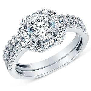 Size 4 - Solid 14k White Gold CZ Cubic Zirconia Halo Bridal Engagement Ring w/Matching Wedding Band Two Ring Set - Round Brilliant Cut Solitaire with Baguette Side Stones (2.75cttw., 1.0ct. Center)