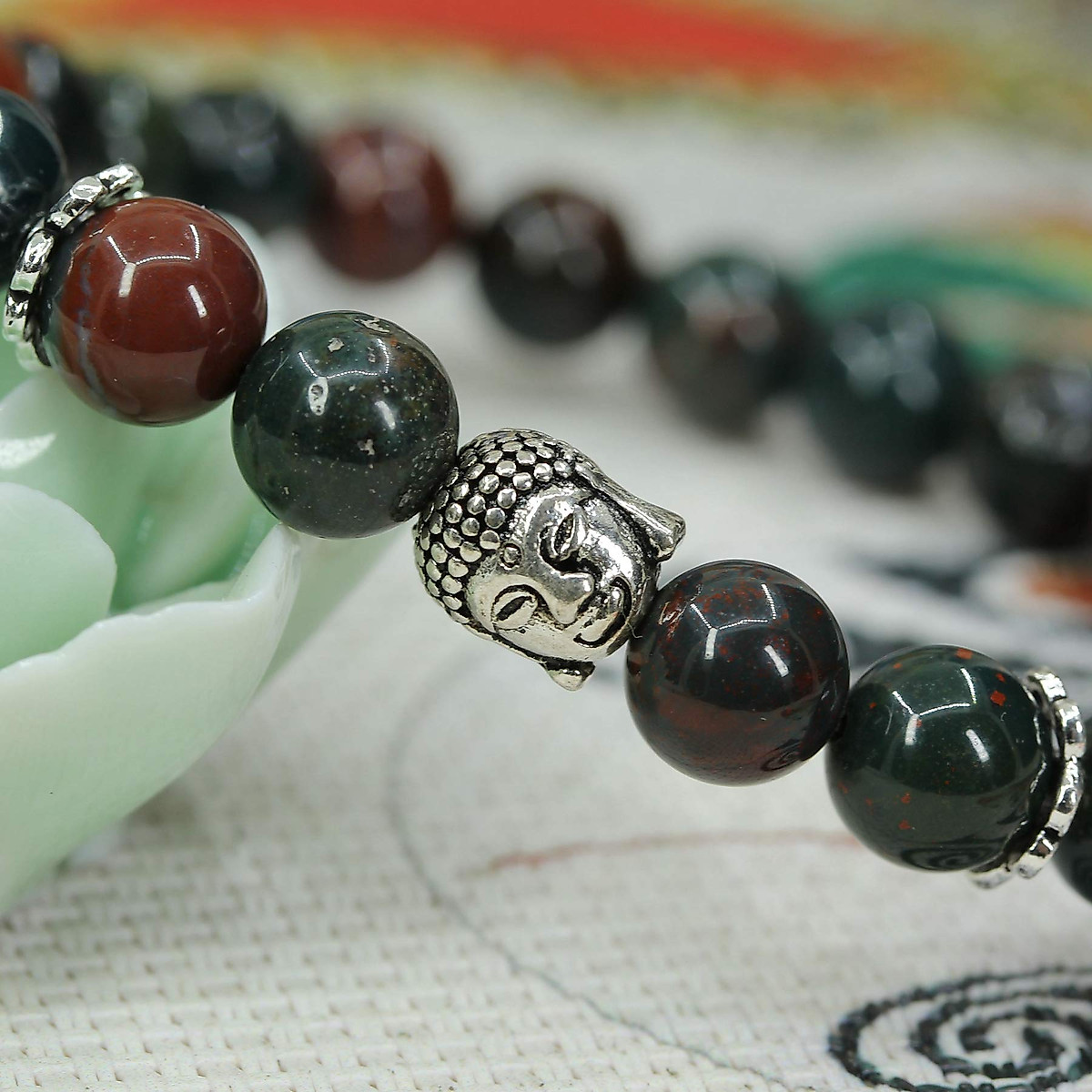 Green Bloodstone Heliotrope with 925 Sterling Silver Buddha Head Gemstone 8mm Round Beads Stretch Bracelet 7" Unisex
