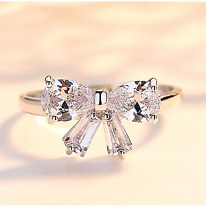 HUKQBUNX 925 Sterling Silver Bow with Diamond Zircon Ring Ring Wedding Engagement Birthday Party Ring Size 6-9 (Size 6)