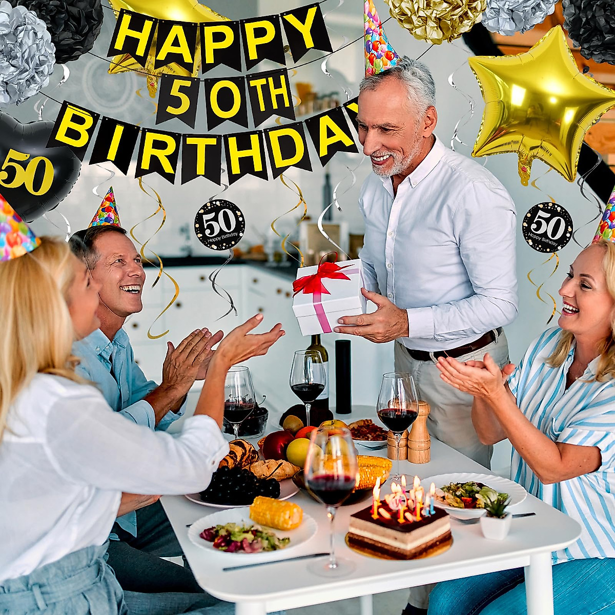 RUBFAC 50th Birthday Decorations for Men, Black Gold Happy Birthday Party Decorations Set for Men Women, 50th Birthday Party Supplies