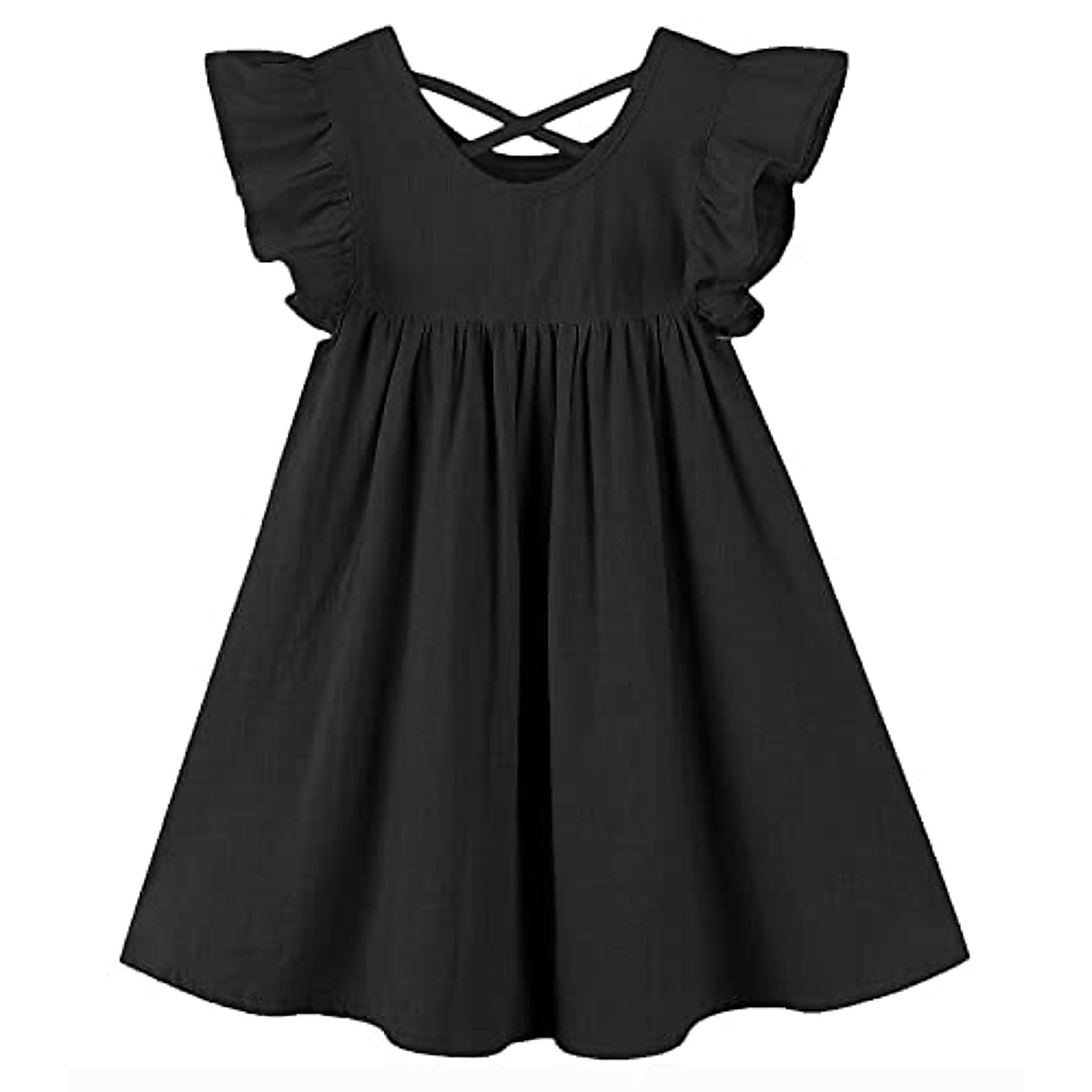 GSVIBK Baby Girls Linen Cotton Dress Halter Flutter Sleeve Casual Dress Toddler Girl Ruffle Sleeve Dress 686 Black 80