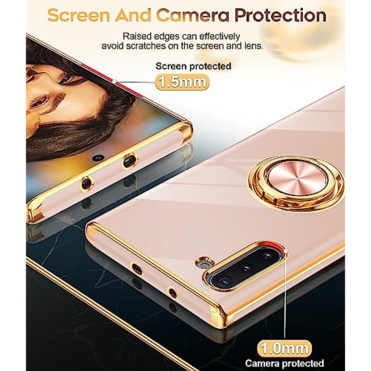 LeYi for Note 10 Case- 360° Rotatable Ring Holder Magnetic Kickstand, Plating Rose Gold Edge Protective Case [ Not Applicable Note 10 Plus], Pink