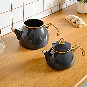 Karaca Retro Teapot Set Anthracite, Enamel, Teapot/Lid (1.1 lt, 2.4 lb), Tea Kettle (2.3 lt, 5 lb), Titanium Coated Handles, Suitable for Induction