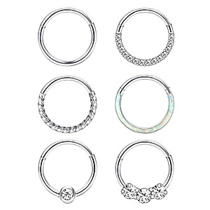 Jstyle 6Pcs Septum Rings 16G 18G Surgical Steel Nose Rings Hoop for Women Cartilage Hoop Earring Clicker Septum Jewelry Opal Hinged Nose Ring Lip Helix Daith Rook Tragus Nose Piercing Jewelry 18G 10mm