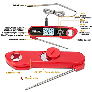 Digital Meat Thermometer for Oven, 5 Meat Temperature Settings 2-in-1 IP67 Waterproof 2s Instant Read Grill Cooking Food Thermometer with Dual Probe Magnet for Kitchen, Grill, BBQ, Turkey（Red）