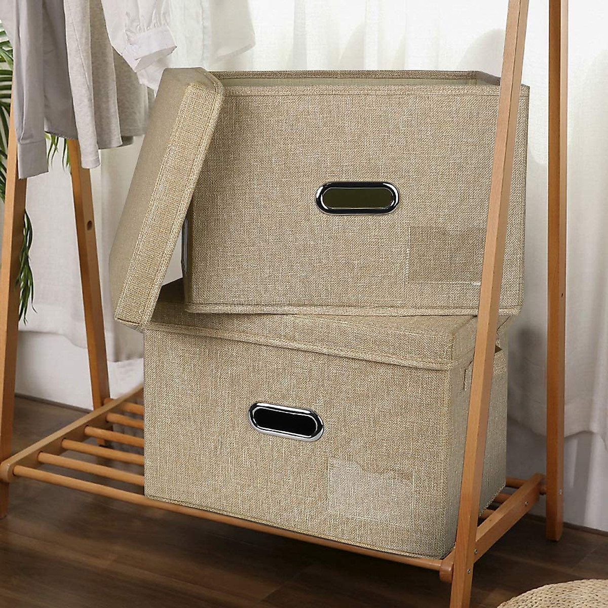 Foldable Storage Boxes with Lids Linen Fabric Collapsible Clothing Bin Organizer Baskets Containers with Carry Handles Transparent Slot Design for Home Bedroom Office Kids Room (Khaki, 3 Pack)