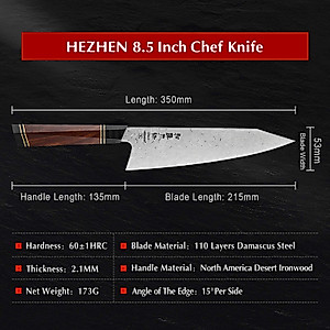 HEZHEN- 8.5" Chef Knife, 110 Layers Full Damascus Steel ,Japanese Style Kiritsuke Kitchen Knife, Gyuto Octagonal Handle, Magnetic Wooden Sheath Case Wooden Box