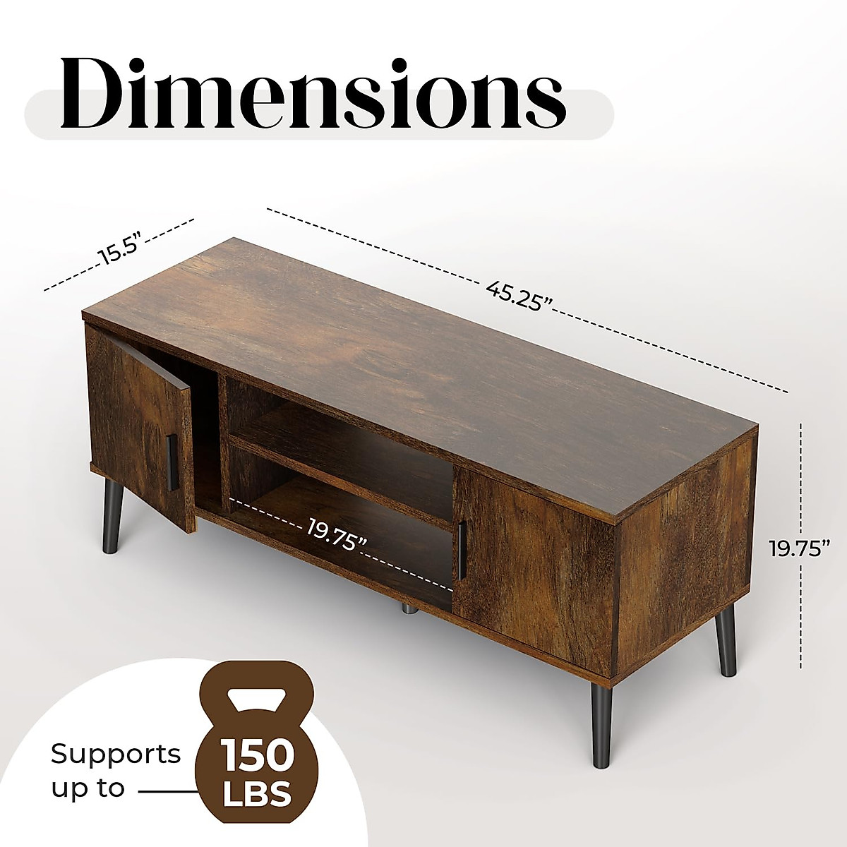 Lifetime Home Mid-Century Modern 45" TV Stand with 2 Side Doors Entertainment Center Console for Living Room Bedroom Office- Supports up to 55 Inch TV & 150 lbs Large Cabinet w/Shelves