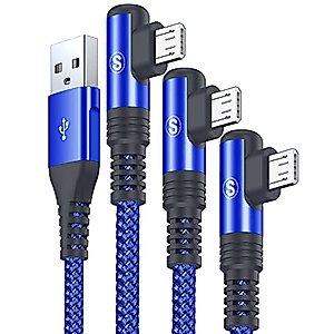 sweguard Micro USB Cable Right Angle [3-Pack,3.3ft+6.6ft+10ft] Android Charger Cable, Nylon Braided Micro Charger Cord for Samsung Galaxy S7 Edge S6 S2 J7 J5 J3 J3V J2,LG K10 V10,Moto E6 5 4,PS4-Blue