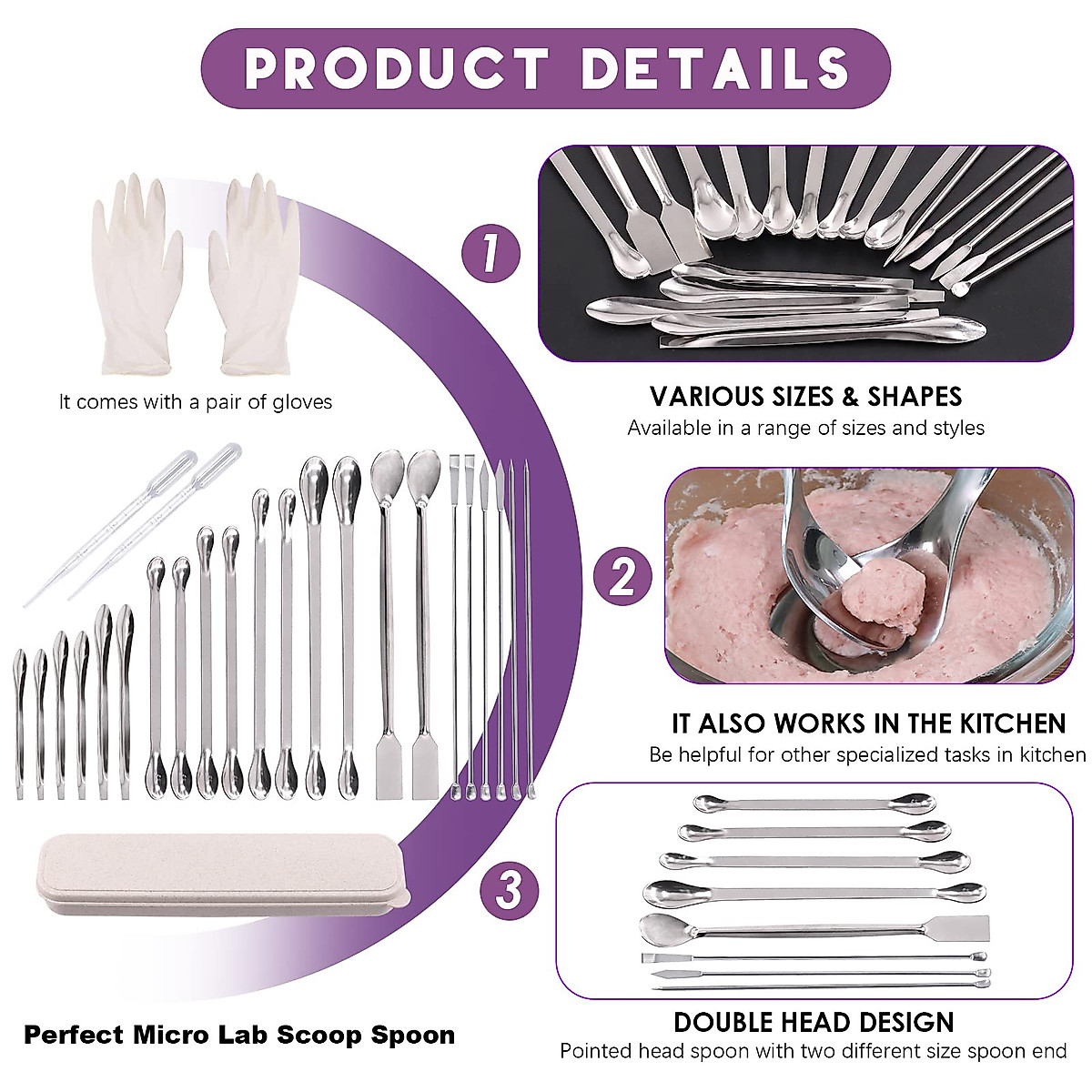 Swpeet 74Pcs Stainless Steel Micro Lab Scoop Spoon Lab Spatulas with 3ML Plastic Transfer Pipettes Kit, Pill Filler Tamper Tool Micro Spatula Steel Spoon Reagent Mixing Spatula Long Sampling Spoon