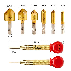 New 2 x Automatic Center Hole Punch Marker Scribe with Cushion Cap and 6 Pieces Countersink Drill Bit Set 1/4 Inch Hex Shank 9
