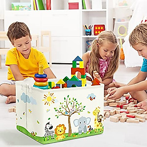 Clastyle Cube Jungle Safari Animals Nursery Storage Basket Forest Elephant Giraffe Tree Shelf Basket for Clothes Toys Books Rectangle Bedroom Playroom Monkey Lion Storage Bin, 36L