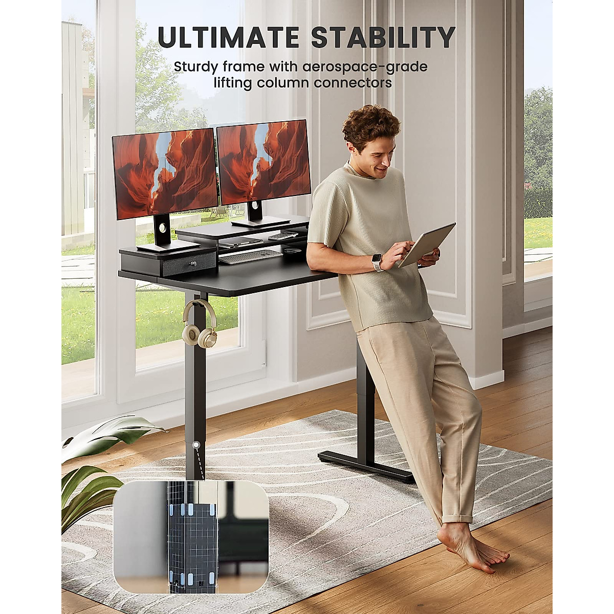 ErGear Electric Standing Desk with Double Drawers, 55x28 Inches Adjustable Height Sit Stand Up Desk, Home Office Desk Computer Workstation with Storage Shelf, Black