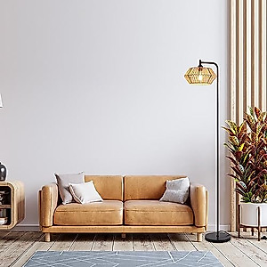 MZMHD Rattan Floor Lamp, 1-Light Farmhouse Boho Standing Tall Lamps Coastal Bamboo Wicker Rustic Matte Black Metal Corner Floor Light for Bedroom Living Room