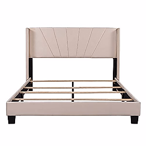 HBRR Queen Size Bed Frame with Velvet Upholstered Headboard, Low Profile Platform Bed with Wood Slats, Fully Upholstered Mattress Foundation, Noise-Free, Easy Assembly, Beige
