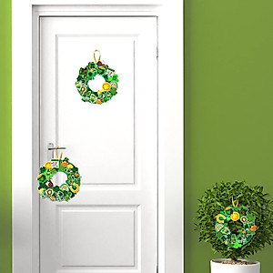 Whaline 12Pcs St. Patrick's Day Foam Wreath Crafts with 400Pcs Glitter Green Shamrock Hat Elf Gold Coin Stickers and Yellow Ribbons DIY Foam Wreath Signs for Kids St. Patrick's Day Party Art Project