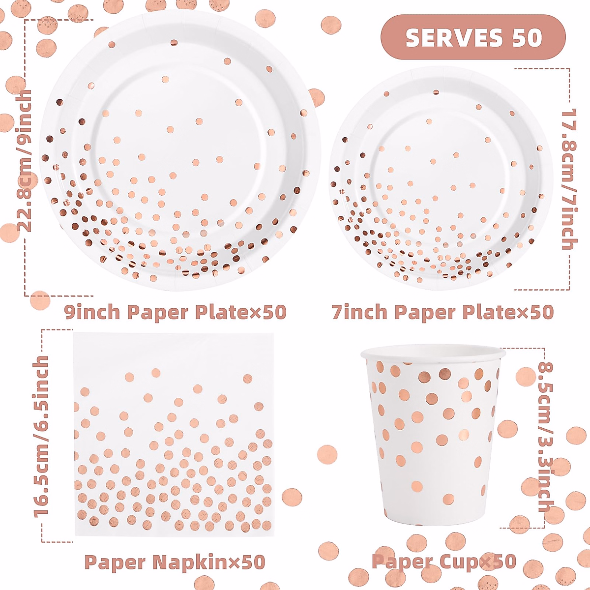 Gudvilla 200PCS Rose Gold Plates and Napkins Party Supplies,Rose Gold Party Decorations Serve 50 Guests,Gold Polka Dots Paper Plates for Retirement Wedding Decorations-Rose Gold Birthday Plates