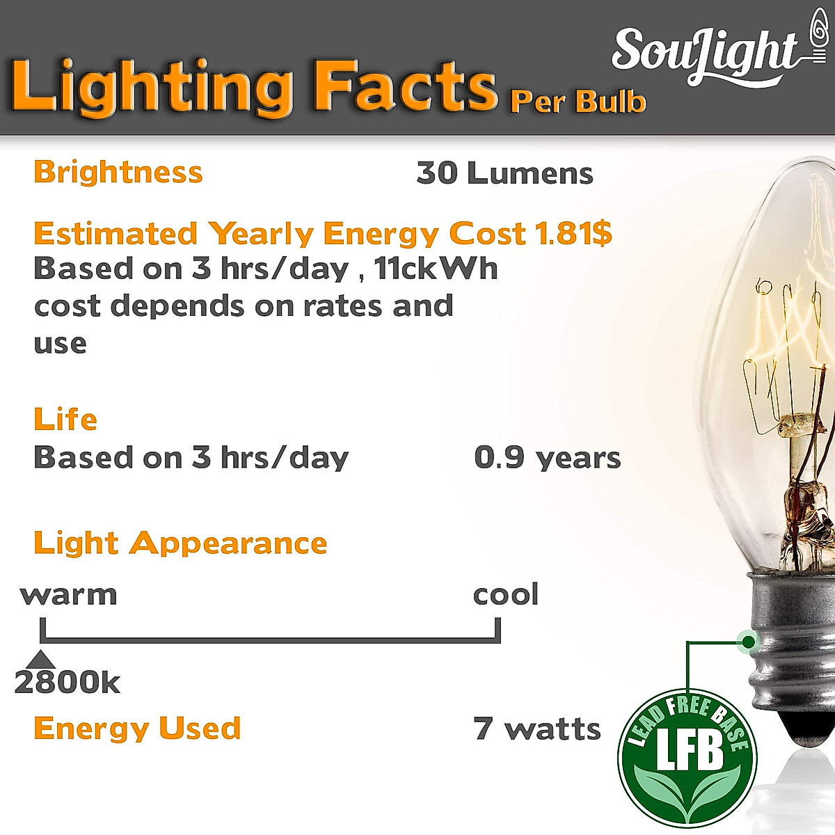 7 Watt Night Light Replacement Bulbs - 12 Pack Salt Lamps, Crystal Clear Glass,C7/7 Watt/120 V/45 Lumen,E12 Candelabra Base Incandescent Bulbs