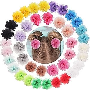 DeD 40PCS 2" Chiffon Flower Hair Bows Clips Flower Tiny Hair Clips Fine Hair for Girls Infants Toddlers Set of 20 Pairs