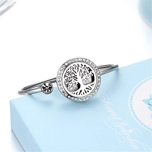 Cupimatch Adjustable Tree of Life Essential Oil Diffuser Bracelet, Stainless Steel CZ Aromatherapy Locket Bangle 8 Color Pads Jewelry Set for Women Girl Gifts (Tree)