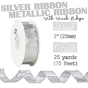 MEEDEE Silver Ribbon Wired Woven Metallic Ribbon 1 inch Silver Wired Ribbon Silver Metallic Ribbon for Gift Wrapping, Gift Bows, DIY Crafts, Graduation Baskets, Wedding, Party Decorations (25 Yards)
