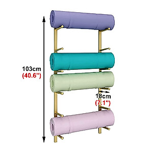 LHRUI Yoga Mat Holder Yoga Mat Rack Wall Mount Exercise Mats Storage Holder, Gym Studio Bedroom Garage Iron Foam Roller Racks, Including All Mounting Accessories (Color : Gold)