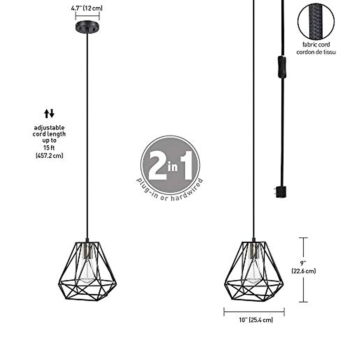 Globe Electric 60846 1-Light Plug-In or Hardwire Pendant Lighting, Dark Bronze, Antique Brass Accent Socket, Cage Shade, 15-Foot Black Fabric Cord, In-Line On/Off Switch, Pendant Lights Kitchen Island