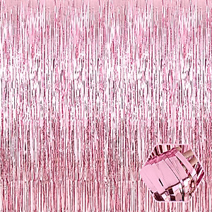 3 Pack Pink Foil Fringe Curtain Backdrop, 3.28Ft x 8.2Ft Metallic Tinsel Foil Fringe Streamer Curtains for Photo Booth, Christmas Day, Thanksgiving, Wedding, New Year Party Decorations