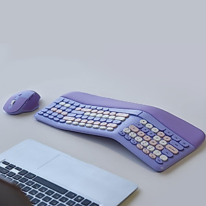 Wireless Ergonomic Keyboard and Mouse Combo with PU Wrist Rest, Carpal Tunnel Keyboard, 2.4G Colorful Split Ergo Keyboard, Comfortable Natural Typing, Compatible with PC/Laptop (Purple)