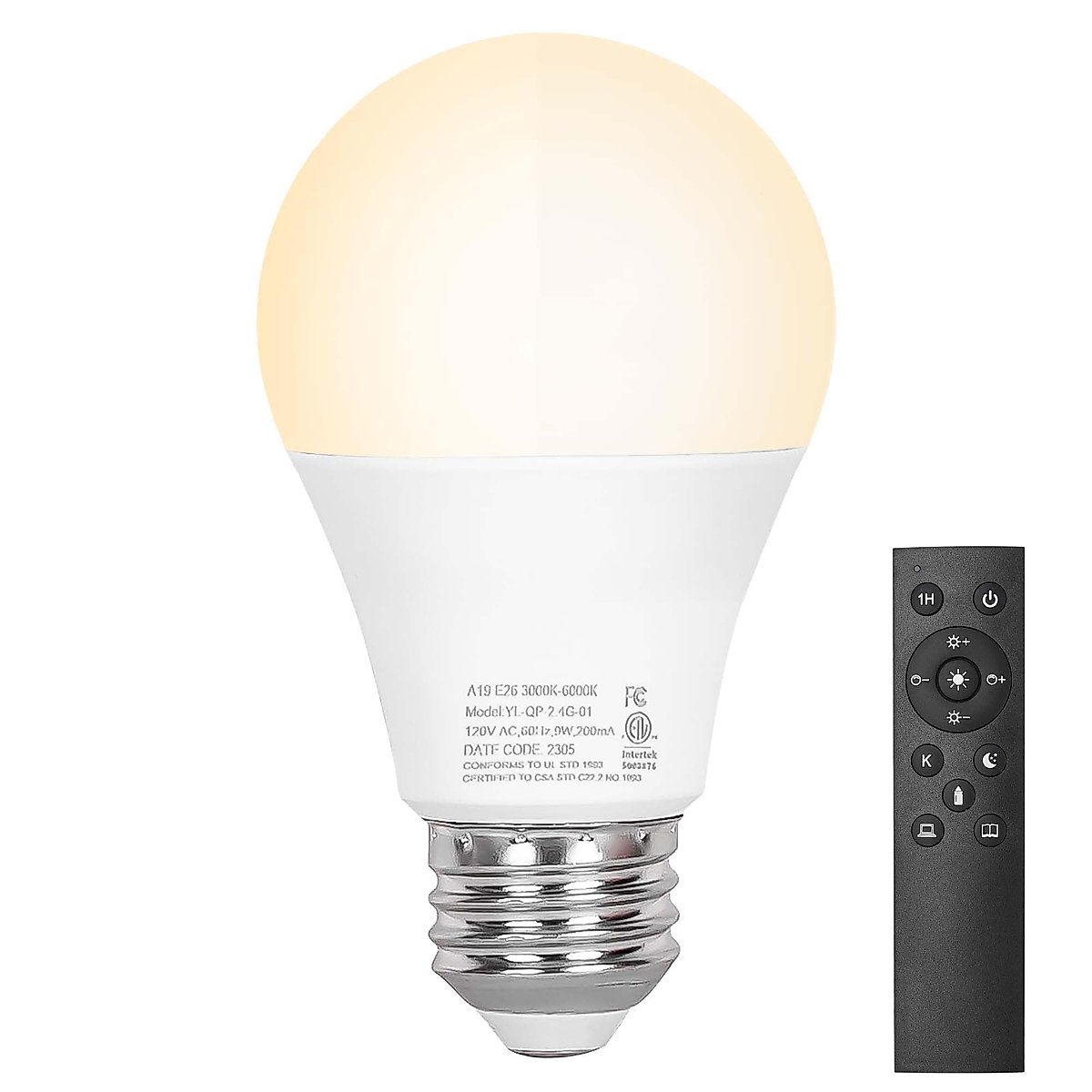 Odeums A19 LED Light Bulb with Remote Control, 9W (60W Equivalent) LED Bulbs,Stepless Dimmable 3000K-6000K,E26 Base,25000+ Hours Lifespan (1)