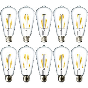 Sunco 10 Pack 60W Vintage LED Edison Bulbs Equivalent 8.5W CRI92 800 Lumens, Dimmable ST64 Filament 2700K Soft White E26 Medium Base Light Bulbs High Brightness Clear Glass Waterproof UL